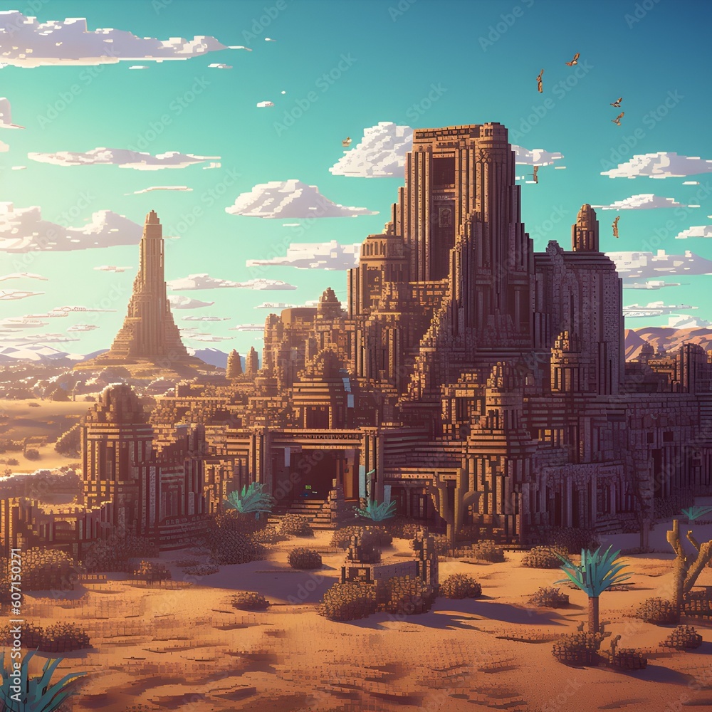 Ancient ruins in desert landscape, rpg, adventure, ruins, pixel art ...