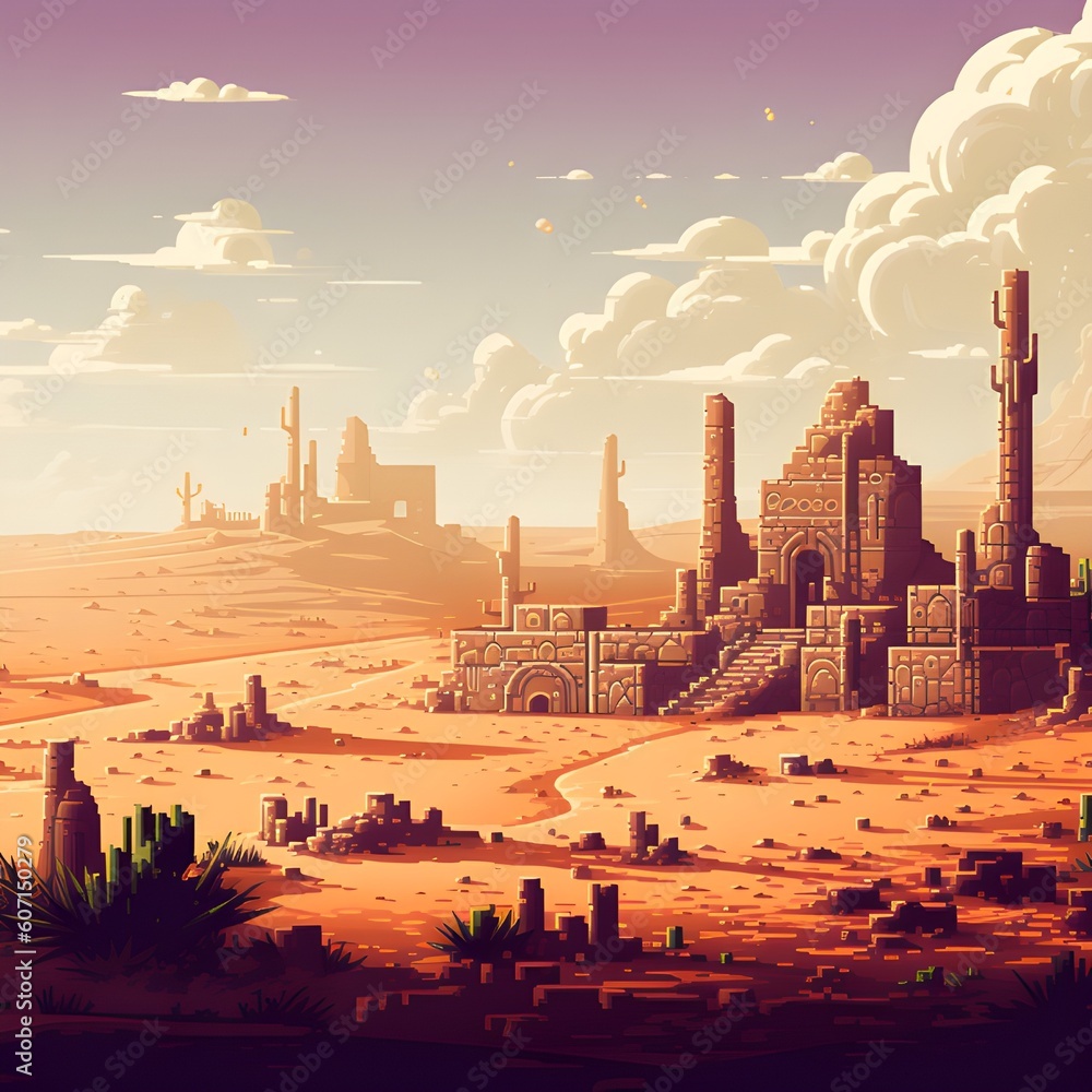 Ancient ruins in desert landscape, rpg, adventure, ruins, pixel art ...