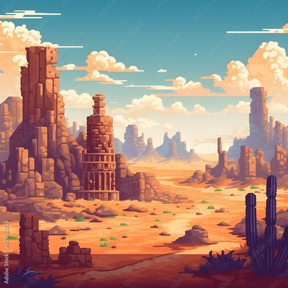 Ancient ruins in desert landscape, rpg, adventure, ruins, pixel art ...