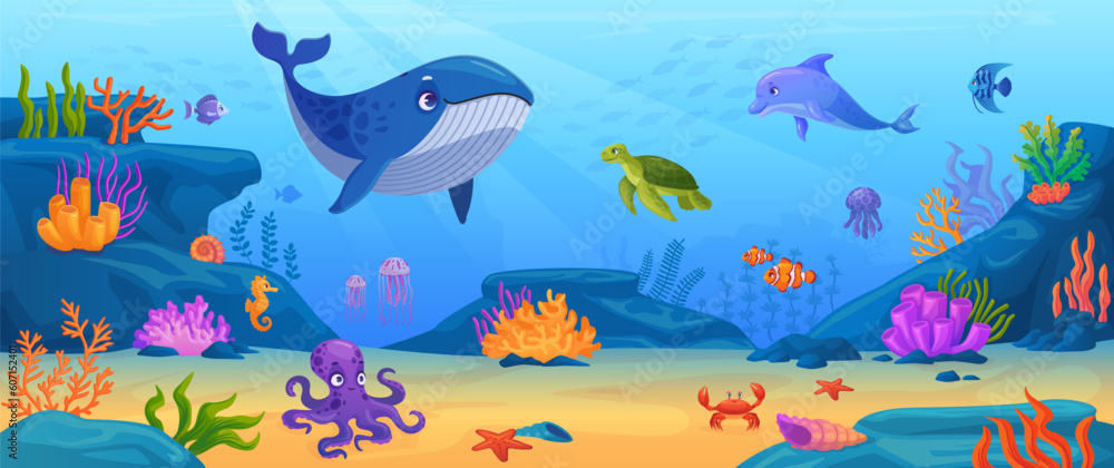 Seabed animals. Underwater animals in ocean, cartoon undersea creatures ...