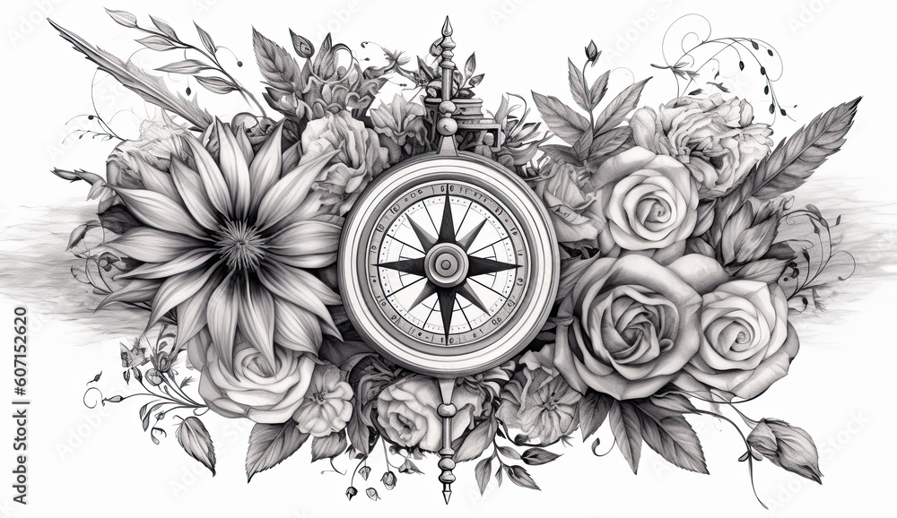 Wind rose compass with floral border, tattoo drawing template, ai ...