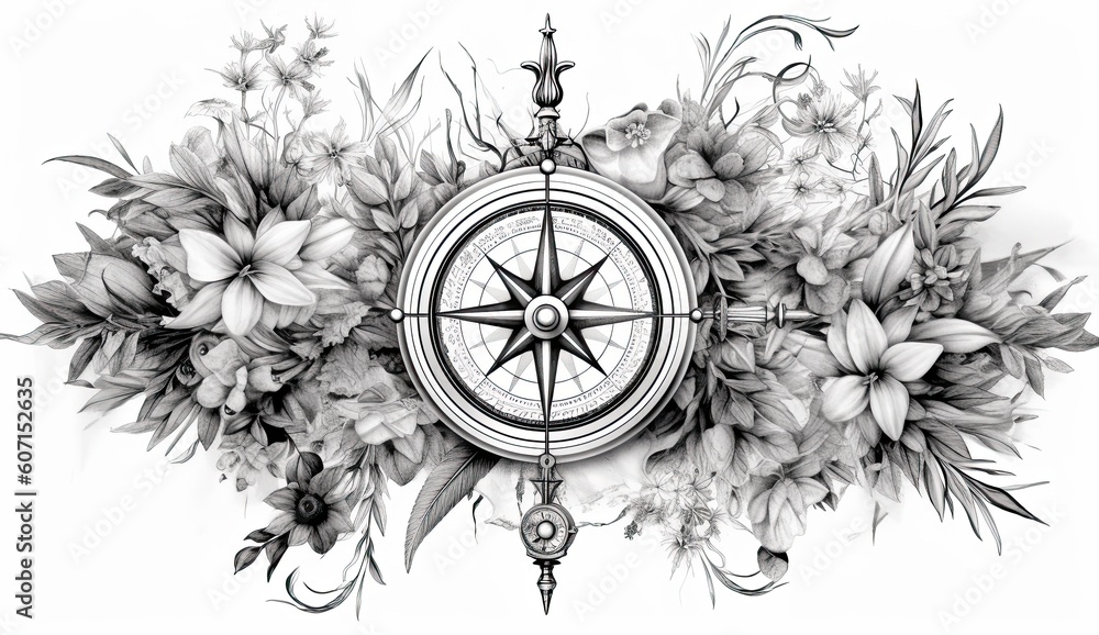 Wind rose compass with floral border, tattoo drawing template, ai ...