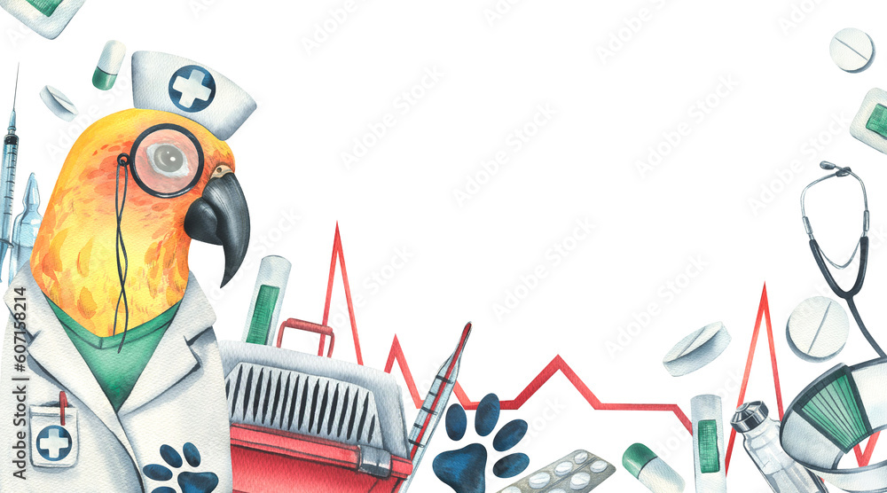Veterinary set with doctor parrot, pet carrier, medicines. Watercolor ...