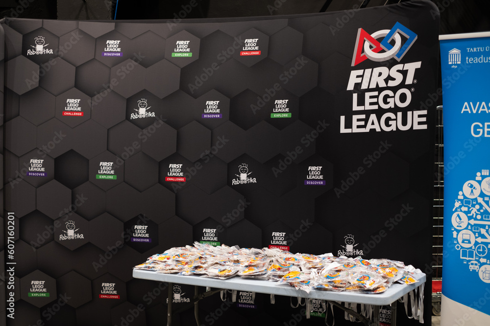 Tallinn, Estonia - May 6, 2023: First Lego League logo wall and table ...