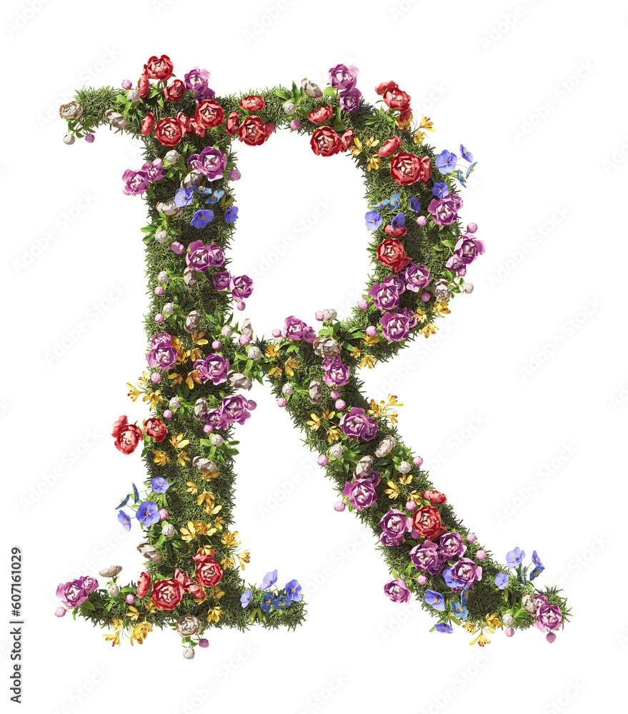 Flower Letter R. Vintage garden floral and plants font serif Isolated ...
