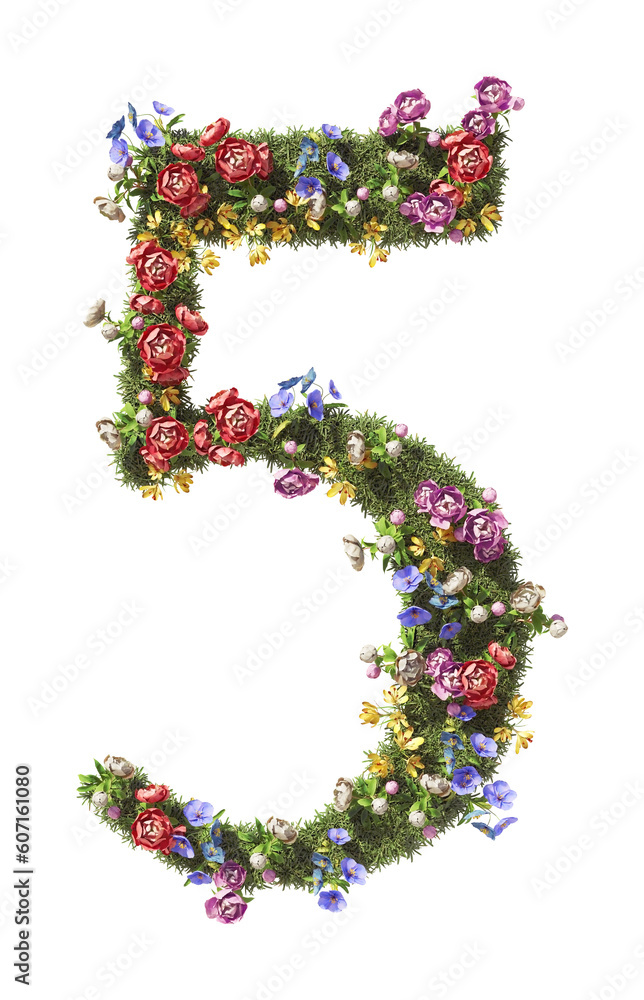 Flower Number 5, Five. Vintage garden floral and plants font serif ...