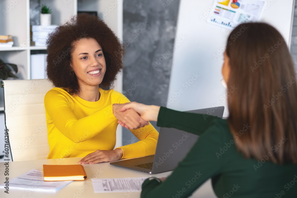 Caucasian female person having a job interview with a African American ...