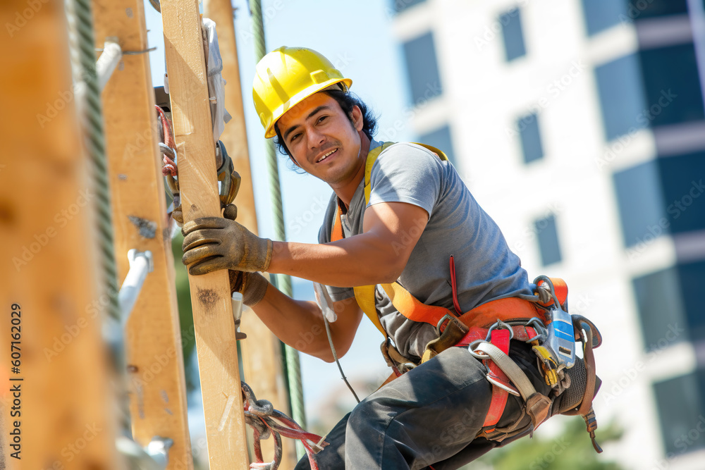 Latino construction worker, happy, working at heights, scaffolding work ...