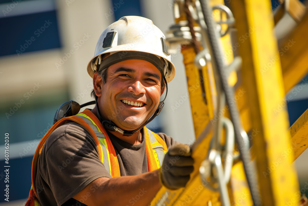 Latino construction worker, positive, working at heights, scaffolding ...
