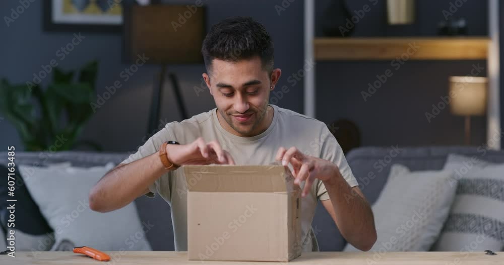 Box, opening package and man in home living room for ecommerce surprise ...