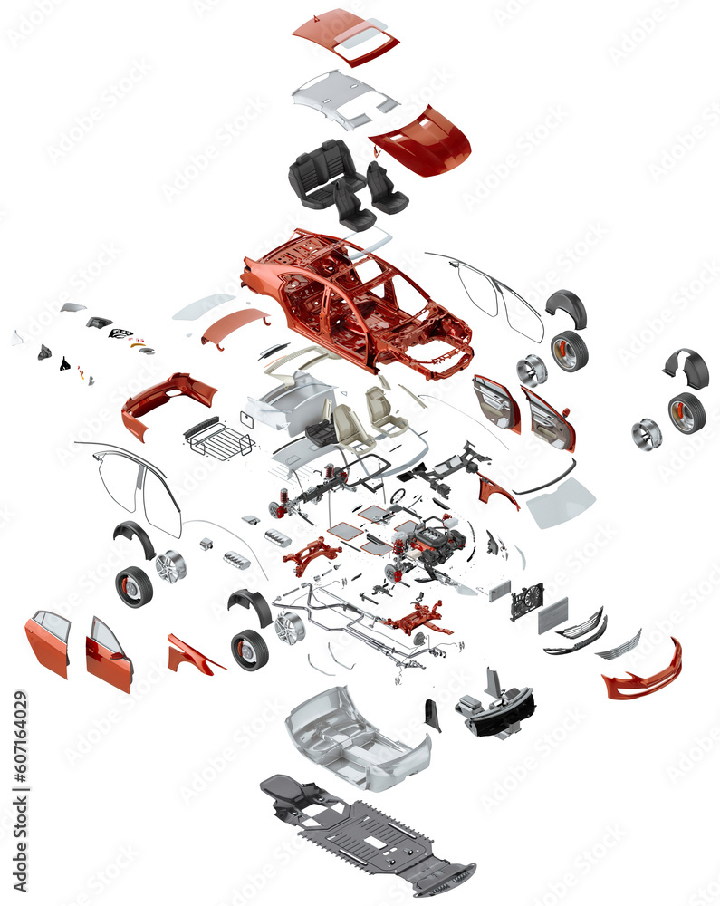 Car sedan mechanical parts isometric exploded view. 3D isometry ...