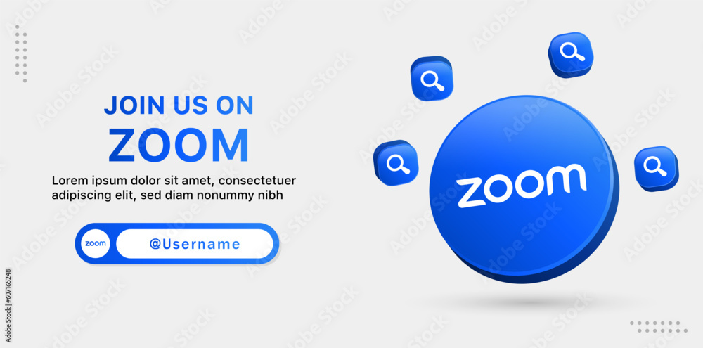 Join follow us on zoom meeting. 3d zoom logo social media icons, lower ...