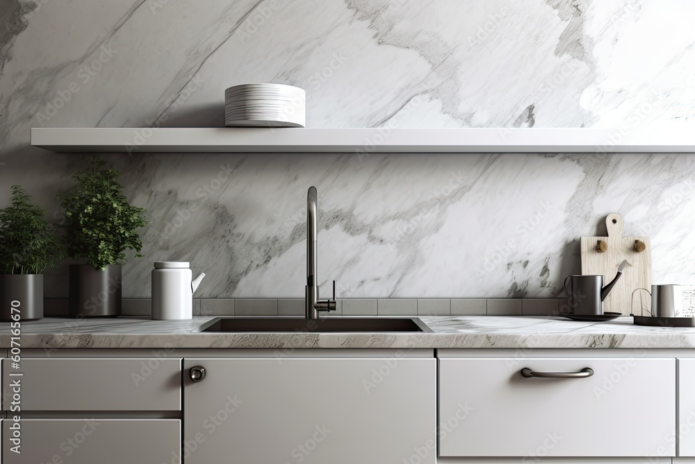 Beautiful illustration of a marble wall and vacant kitchen counter with ...