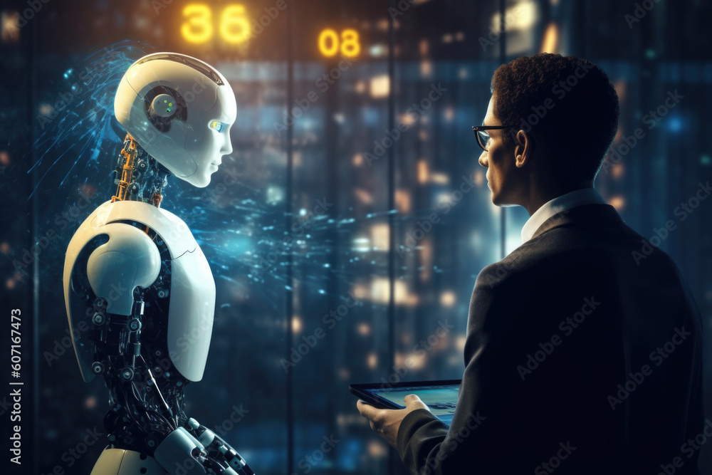 Person is talking to robot. Interaction of artificial intelligence and ...