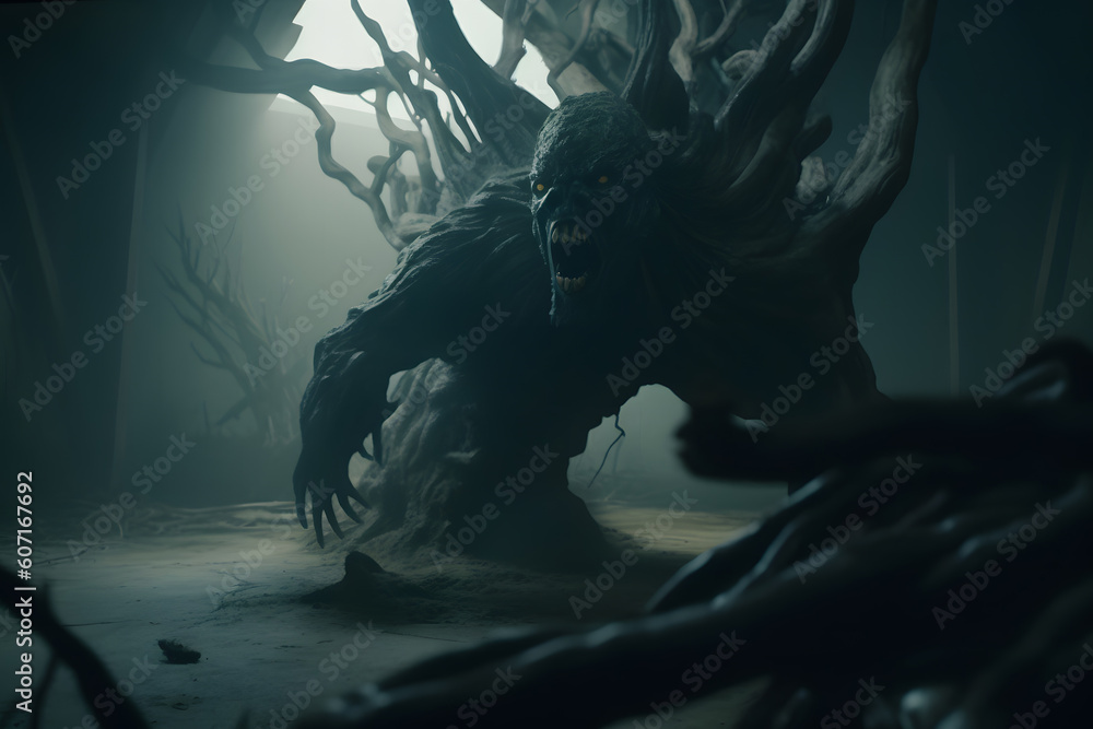 Spooky Halloween dead mysterious forest creepy trees with twisted roots ...