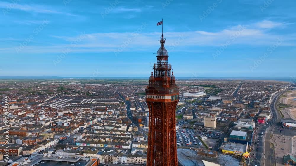 Aerial footage,of the famous Blackpool Tower and beach from the sky on ...