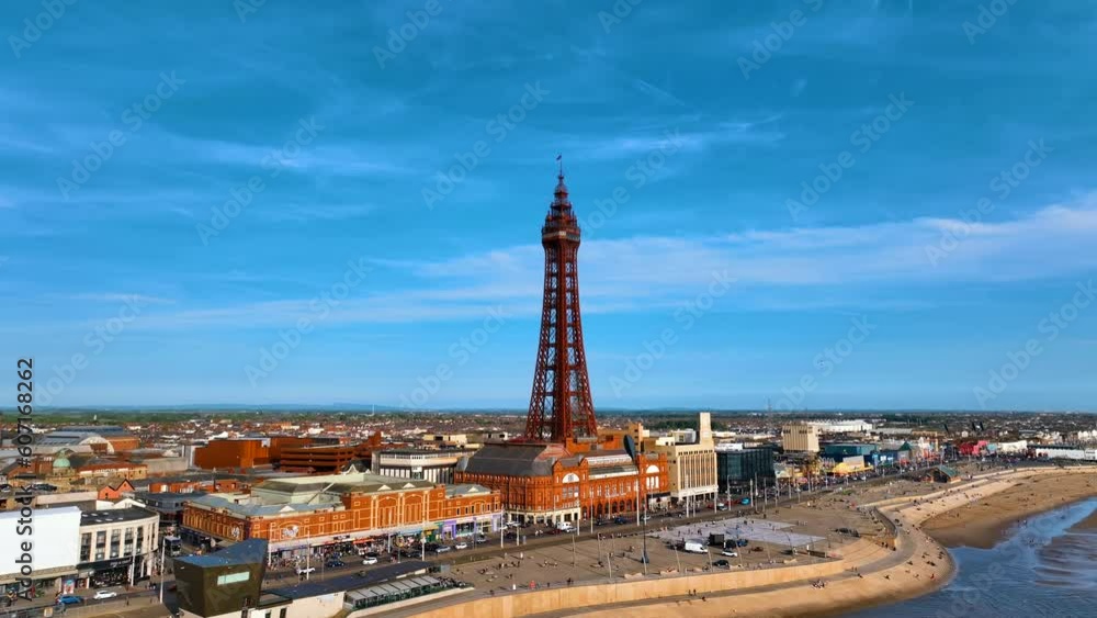Aerial footage,of the famous Blackpool Tower and beach from the sky on ...