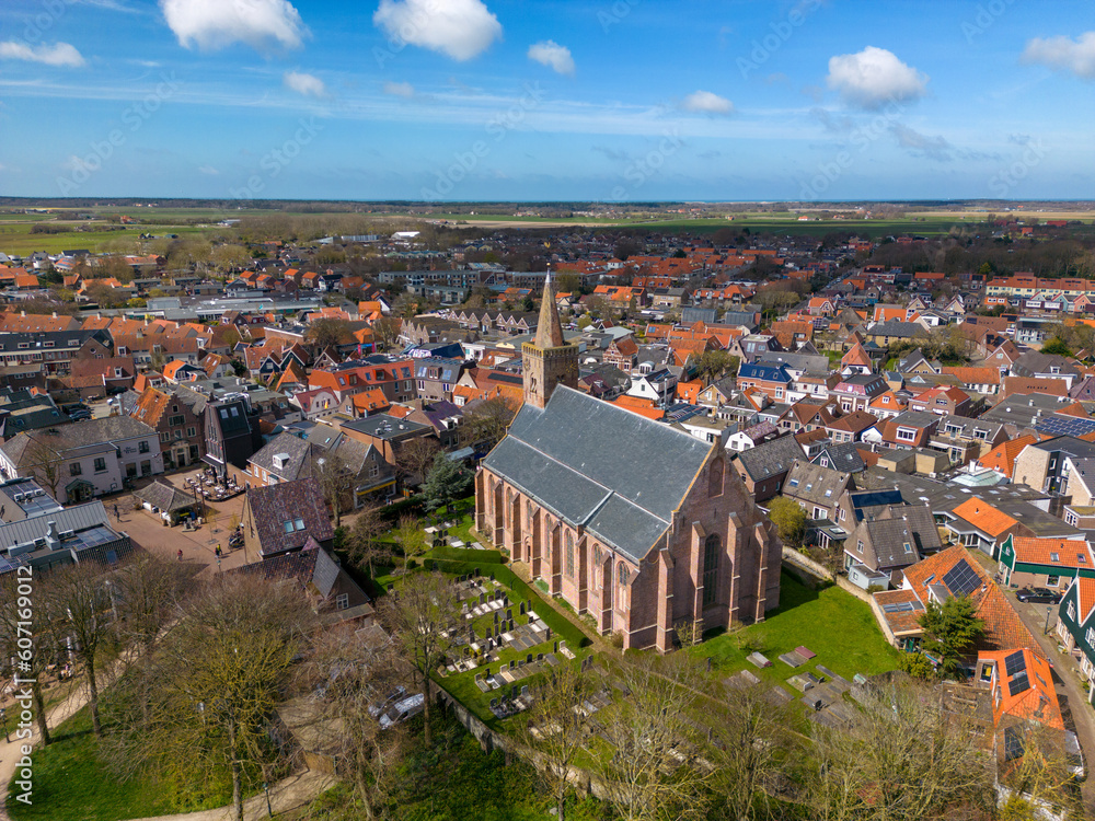 This aerial drone photo shows the old city center of Den Burg with a ...