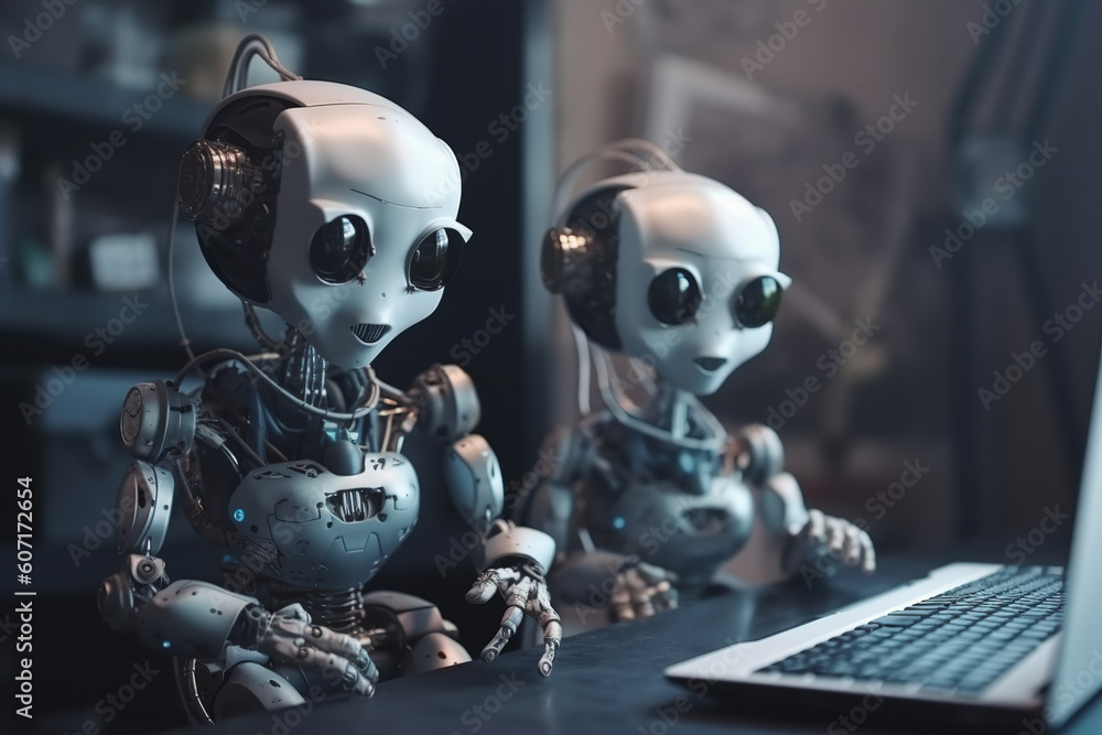 Two cute robots look at the computer. Artificial intelligence, Chat GPT ...