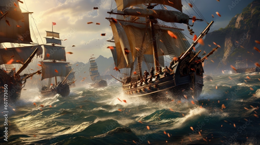 Intense naval battle scene between rival pirate ships, with cannons ...