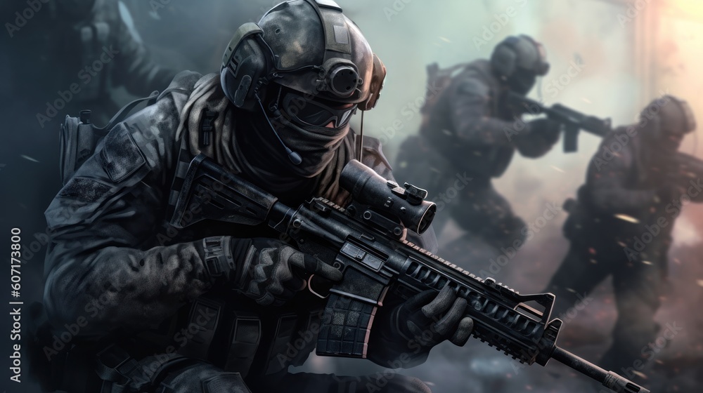 Team of elite special forces soldiers executing a covert mission behind ...