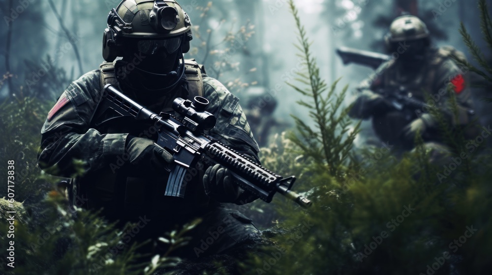 Team of elite special forces soldiers executing a covert mission behind ...