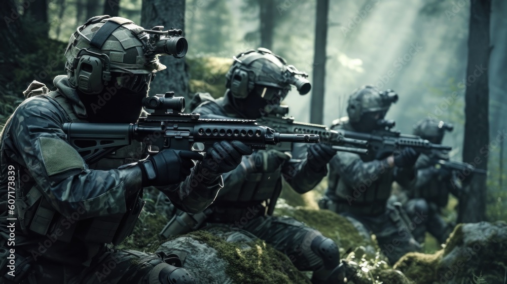 Team of elite special forces soldiers executing a covert mission behind ...