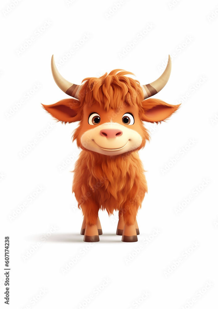 Cute brown ox with horns and a happy face, cartoon illustration in ...