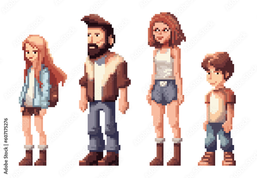 Pixel art family. 8 bit pixels group of men and women, boy and girl ...