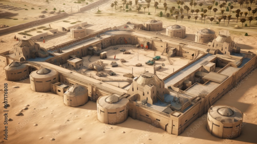 Fortified military base, complete with barracks, command centers, and ...