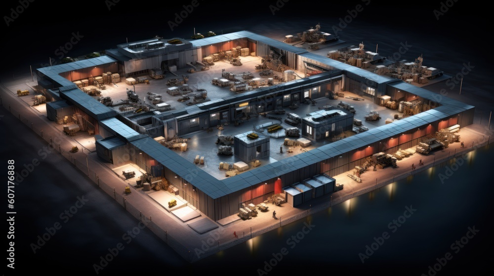 Fortified military base, complete with barracks, command centers, and ...