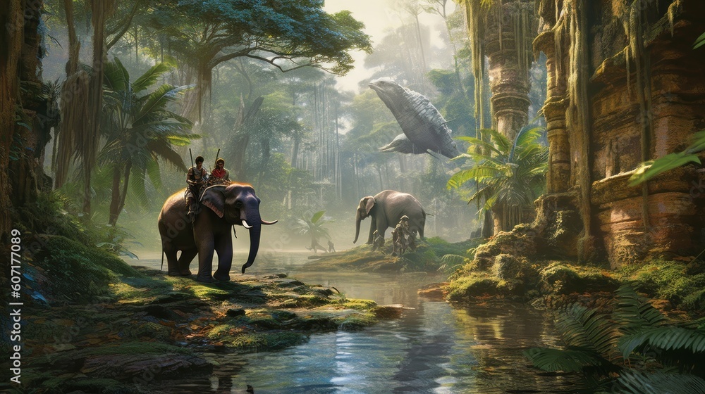 Expedition through a dense and exotic jungle, with explorers traversing ...