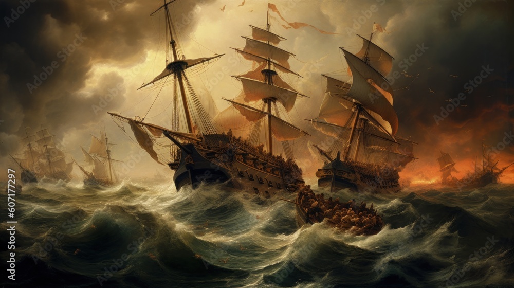 Intense naval battle scene between rival pirate ships, with cannons ...