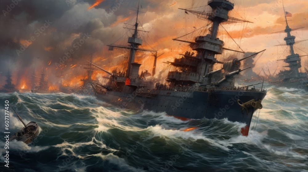 Intense naval battle scene between rival pirate ships, with cannons ...