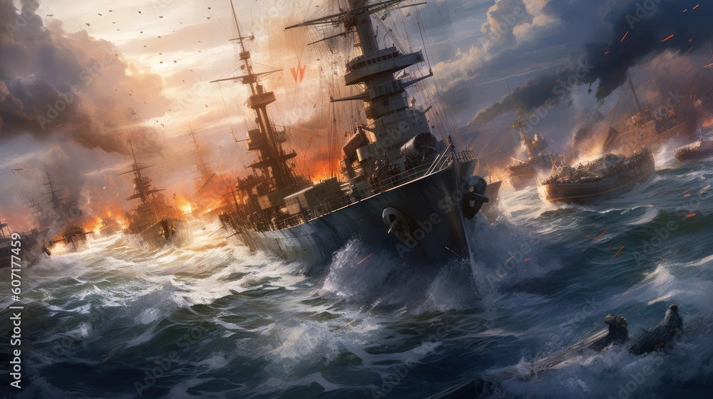 Intense naval battle scene between rival pirate ships, with cannons ...