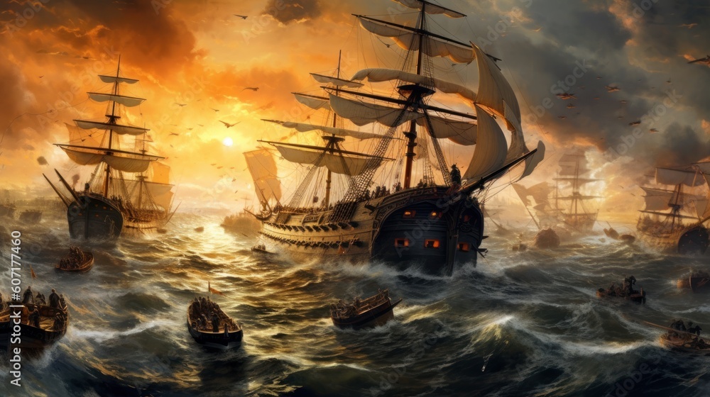 Intense naval battle scene between rival pirate ships, with cannons ...