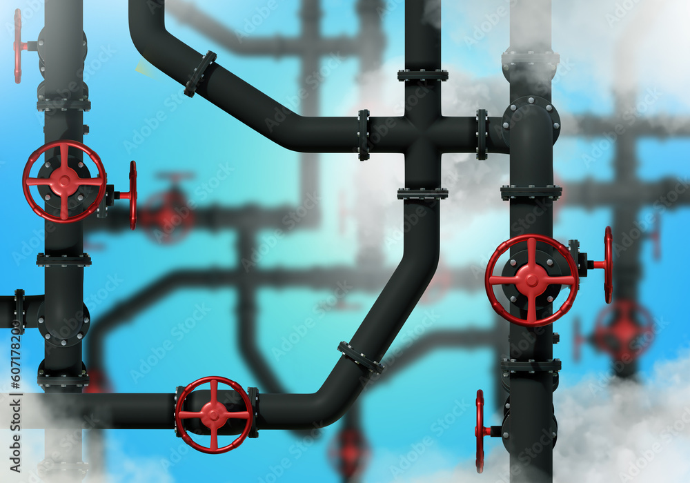 Industrial background. Pipes for boiler equipment. Black pipeline on ...