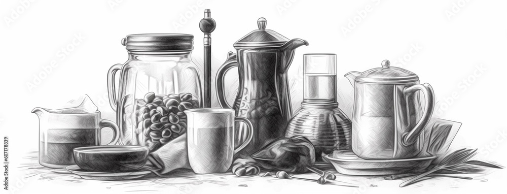 Coffee still life illustration, drawing in black and white colors, on a ...