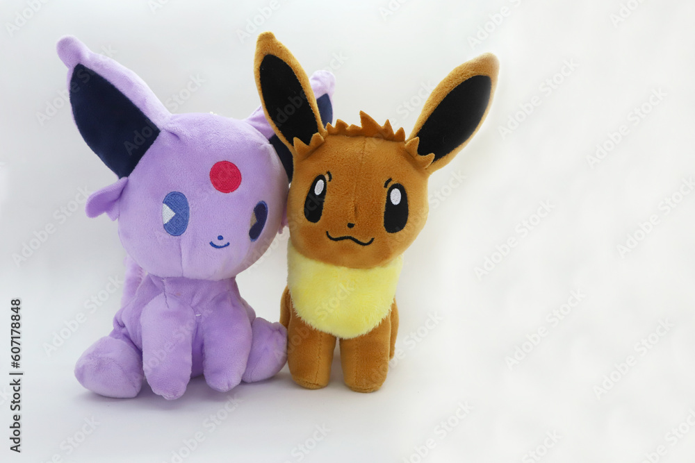Pokemon Eevee and Eeeve evolution Espeon plush toy. Violet and brown ...