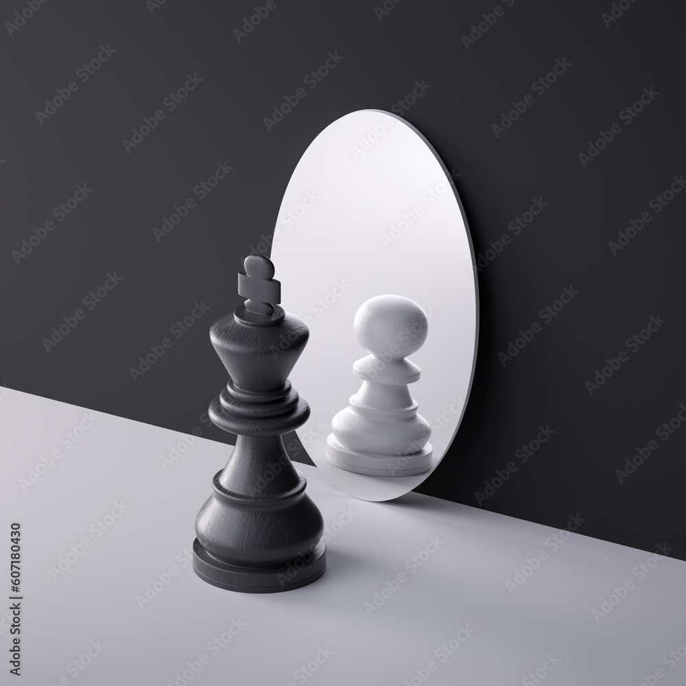 3d render, chess game king piece stands in front of the round mirror ...