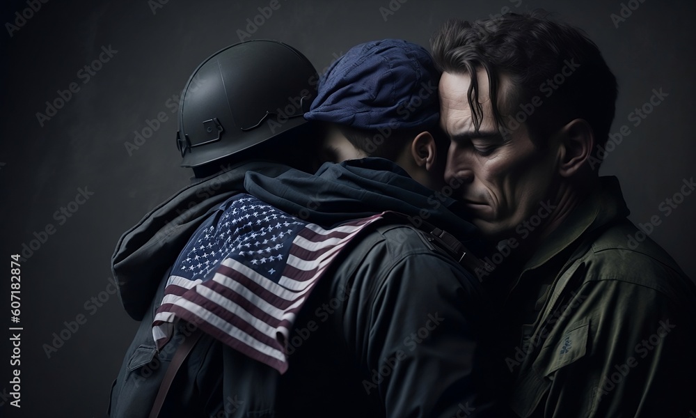 rear view of military man father hugging son's with american flag ...