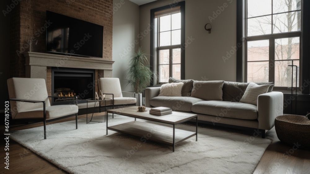 Interior design of Living Room in Contemporary style with Fireplace ...