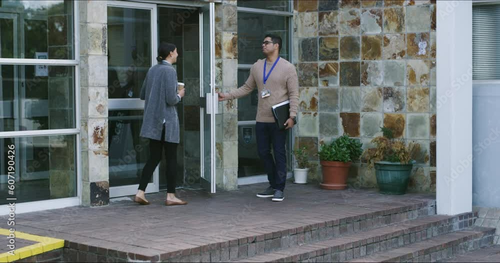 Opening door, studying building and people walking to education ...