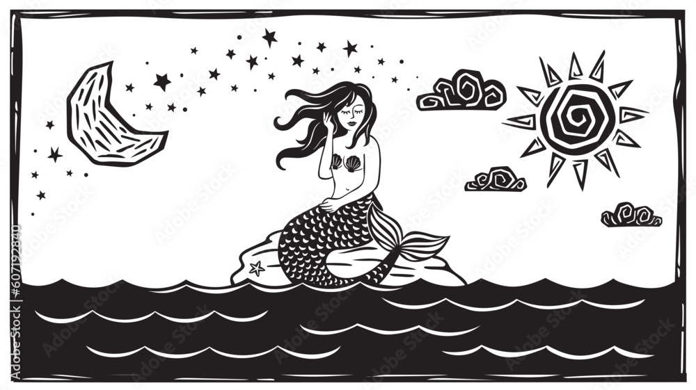 Mermaid sitting on the stone in the light of the moon and the sun ...