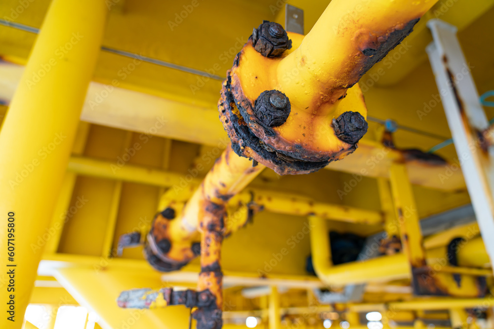 Close-up of corroded steel pipe, corrosion and valve of steel, general ...