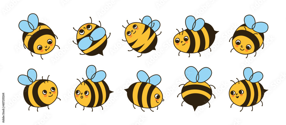 Bee honey characters cartoon set. Comics kids honeybee insect mascot ...