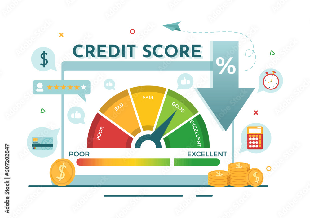 Credit Score Vector Illustration with Loan Arrow Gauge Speedometer ...