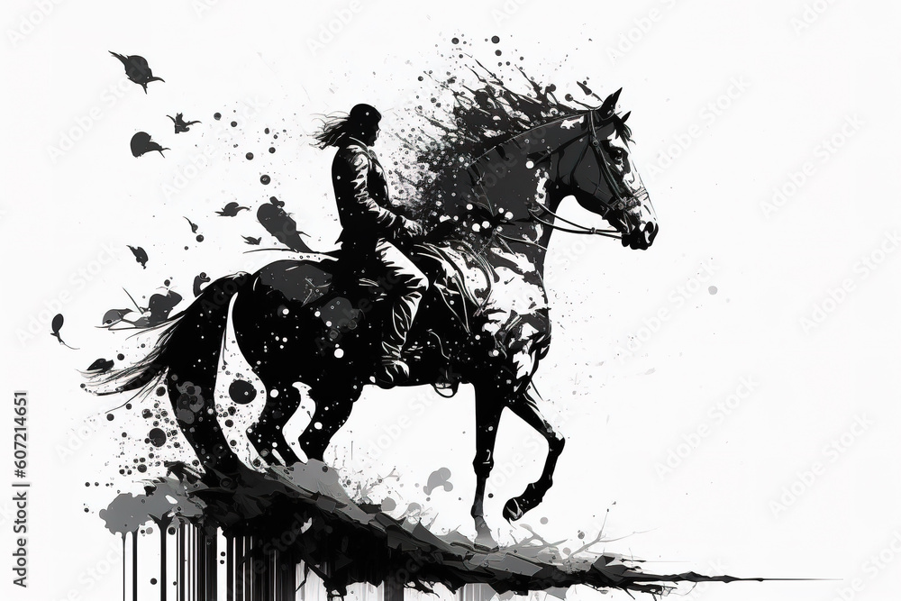Image painting of person riding a horse drawing using a brush and black ...