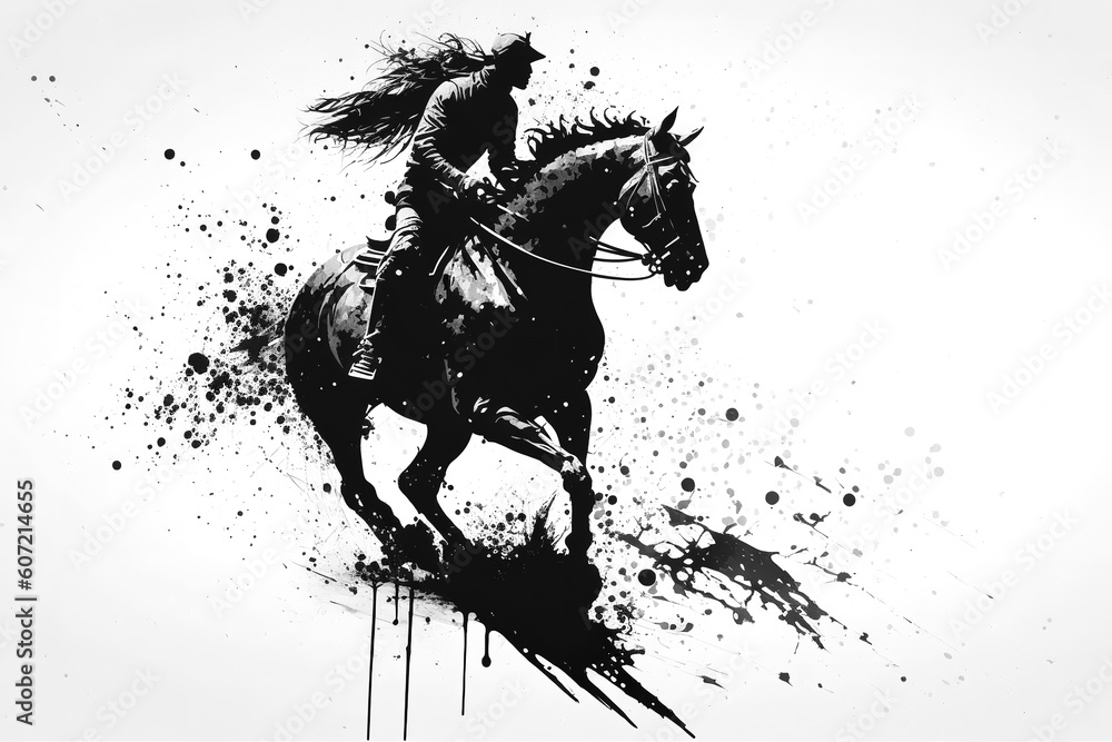Image painting of person riding a horse drawing using a brush and black ...