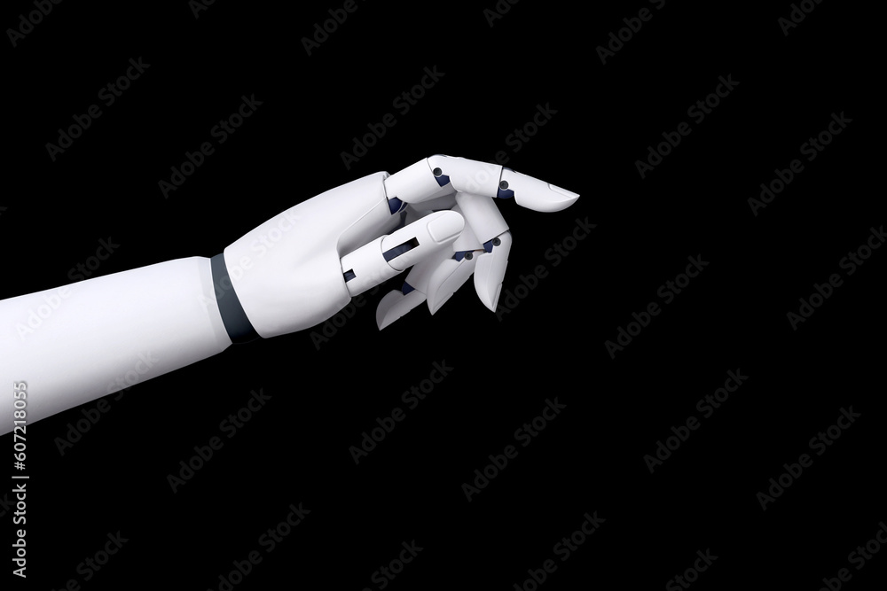Robot hand finger making contact or pressing something on dark isolated ...